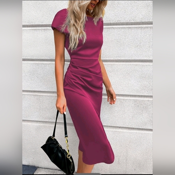 Dresses | New Ruched Side Tie Sleeve Wrap Midi Dress Matte Satin ...